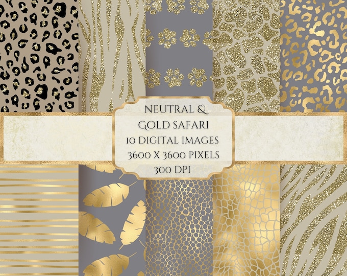Gold Glitter Safari Digital Paper, Seamless Animal Print Patterns ...