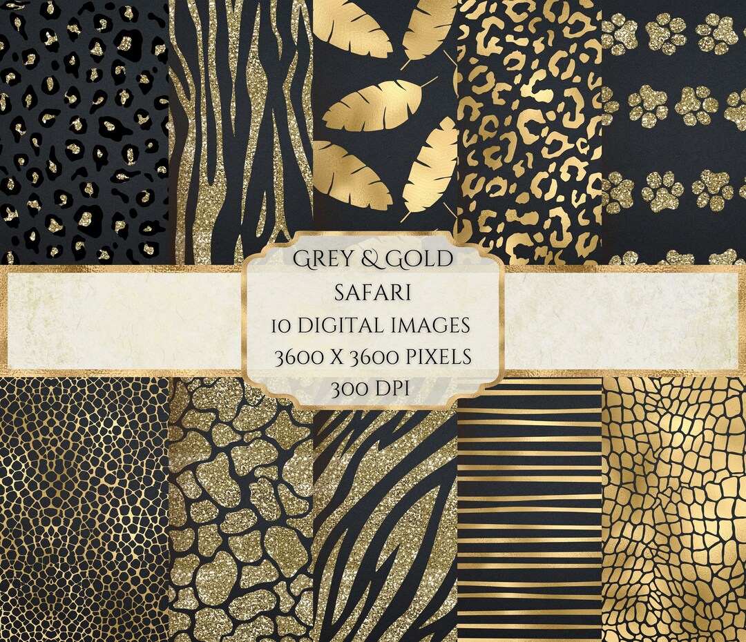 Grey and Gold Safari Digital Paper, Gold Foil Animal Print, Glitter ...