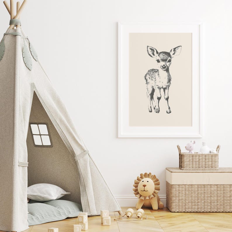 Baby Deer Nursery Print | Woodland Animal Wall Art | Fawn Sketch ...