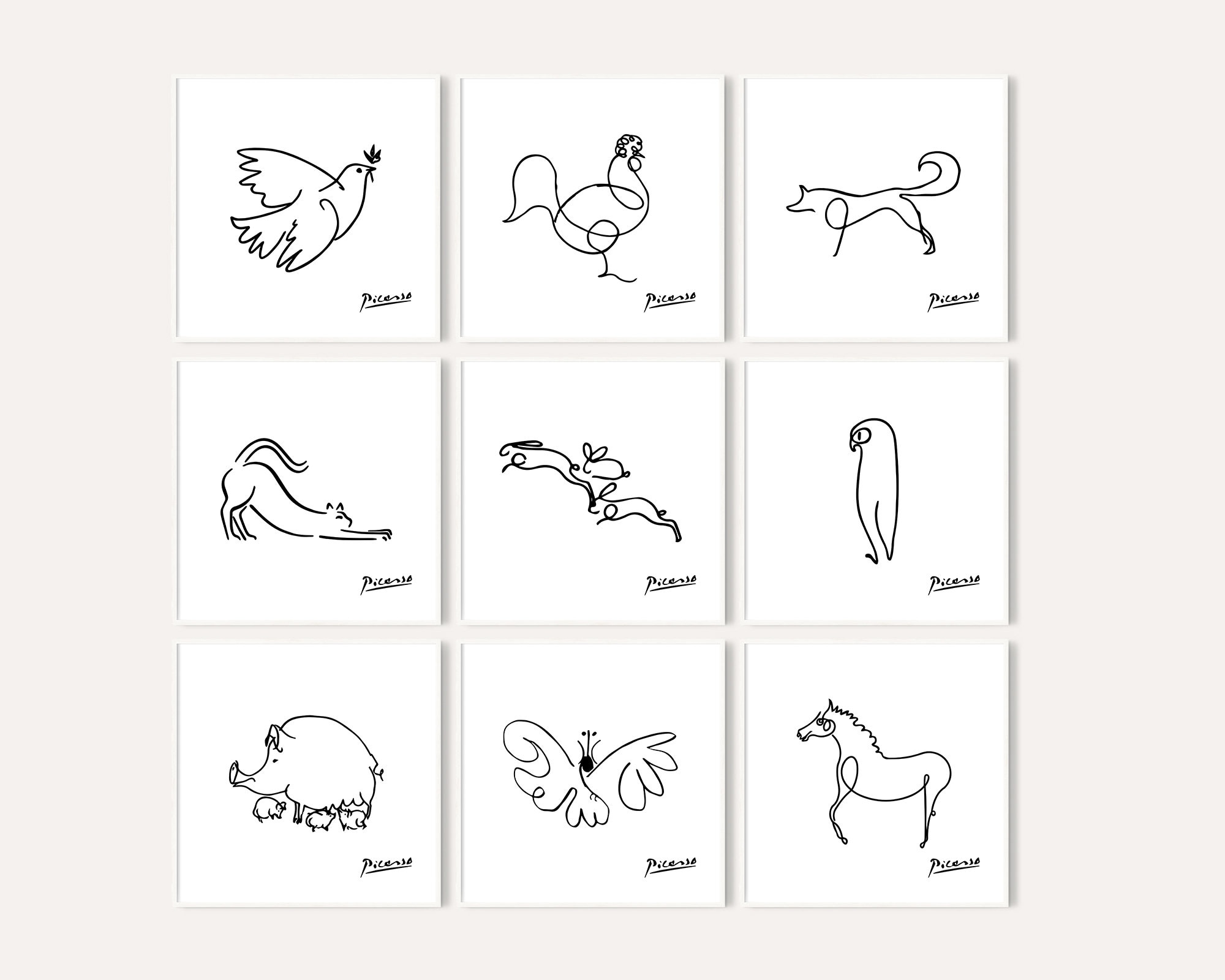 Picasso Animal Line Art Prints: Minimalist Nursery Decor - Set of 9 ...