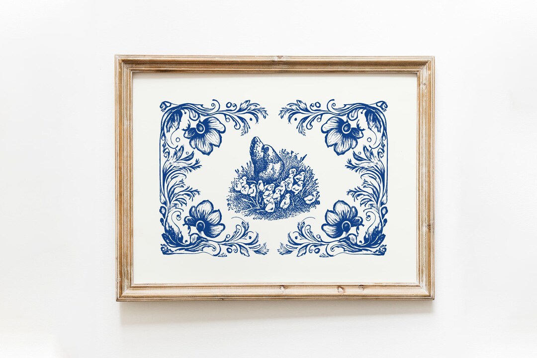 Delft Blue Hen and Chicken Vintage Print | Dutch Tiles Art | Chicken ...