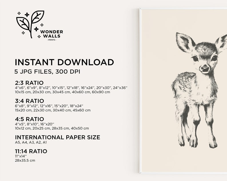 Baby Deer Nursery Print | Woodland Animal Wall Art | Fawn Sketch ...