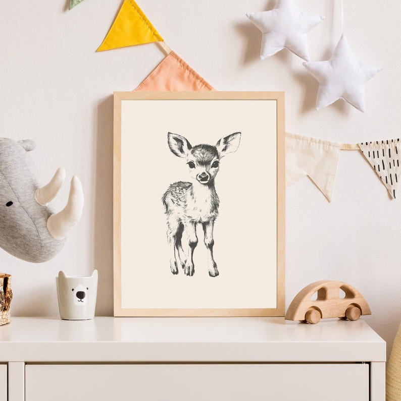 Baby Deer Nursery Print | Woodland Animal Wall Art | Fawn Sketch ...