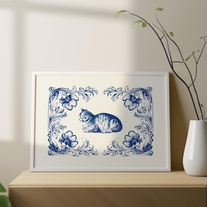 Delft Blue Cat Print | Vintage Dutch Tile Art | Navy Blue Cat ...