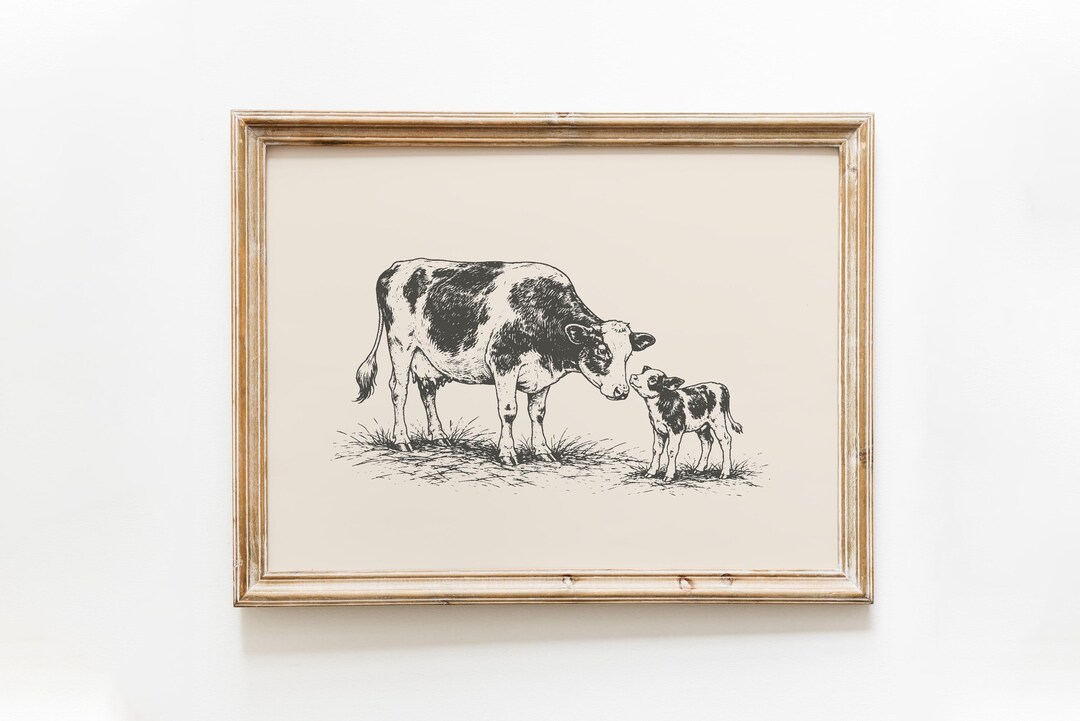 Cow and Calf Print | Vintage Farm Animal Art | Nursery Wall Decor ...