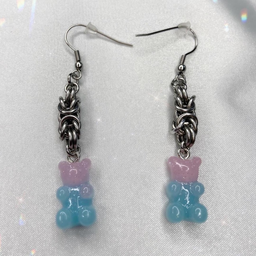 Baby Blue Pink Gummy Bear Chainmail Earrings Stainless Steel Womens ...