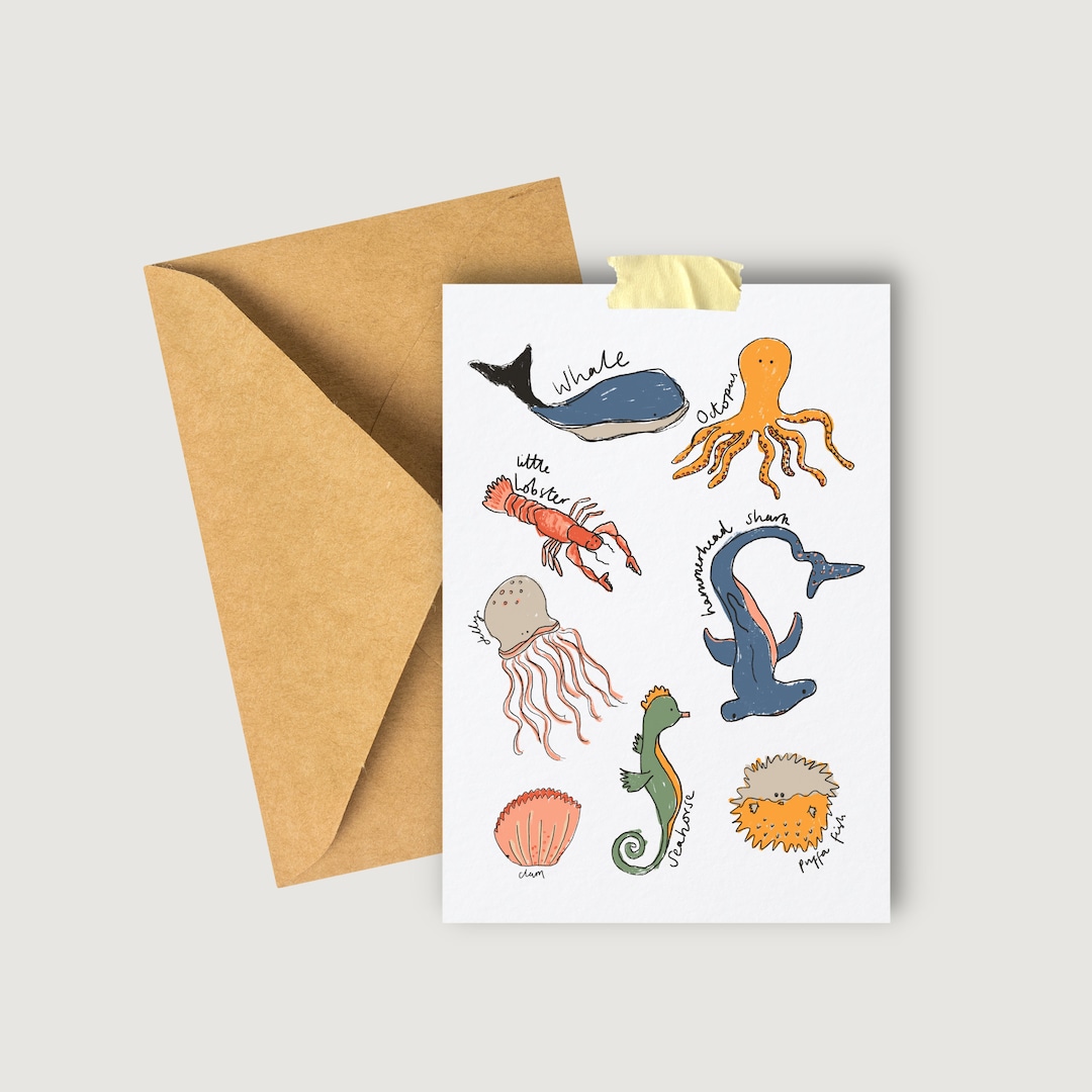 Ocean Animals Sea Creatures Card Animal Lover Animal Gifts - Etsy