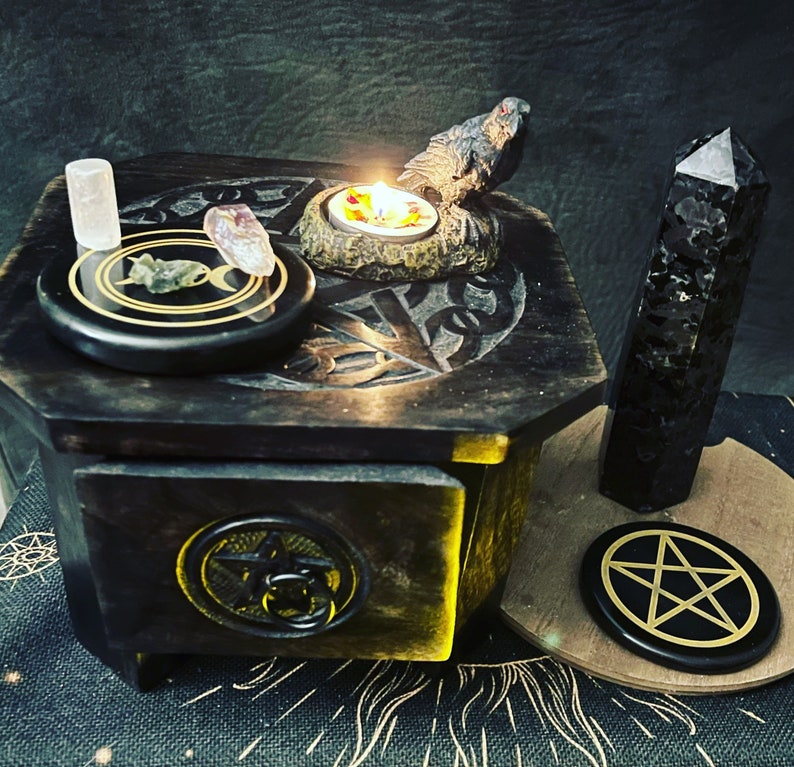 Pentagram Wood Altar Table With Drawer | Herb Storage | Altar Decor ...