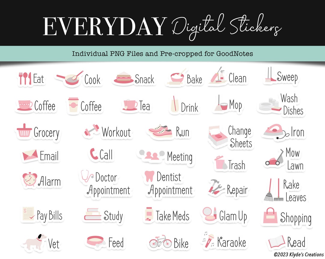 Daily Activities Digital Stickers Pink Beige Grey Icons House Chores ...