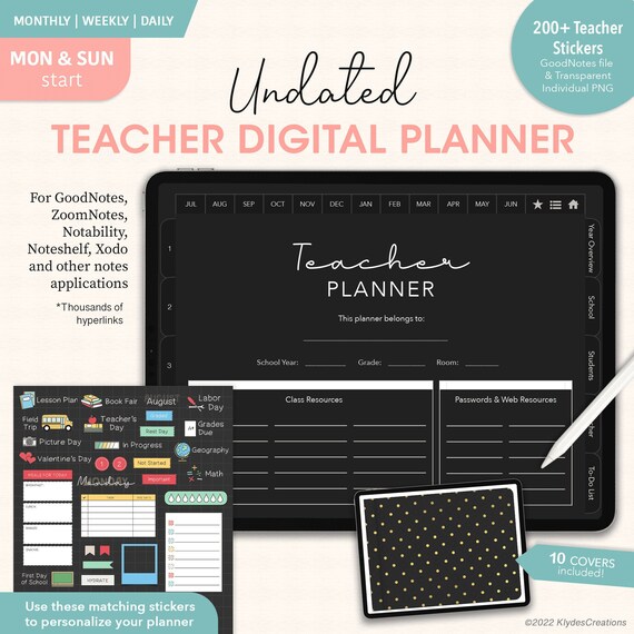 Undated Digital Teacher Planner Goodnotes Dark Mode Teacher - Etsy