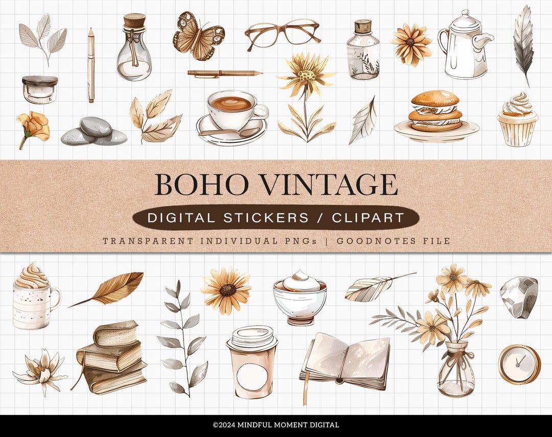 Boho Digital Clip Art, Boho Digital Stickers, Boho Vintage Digital ...