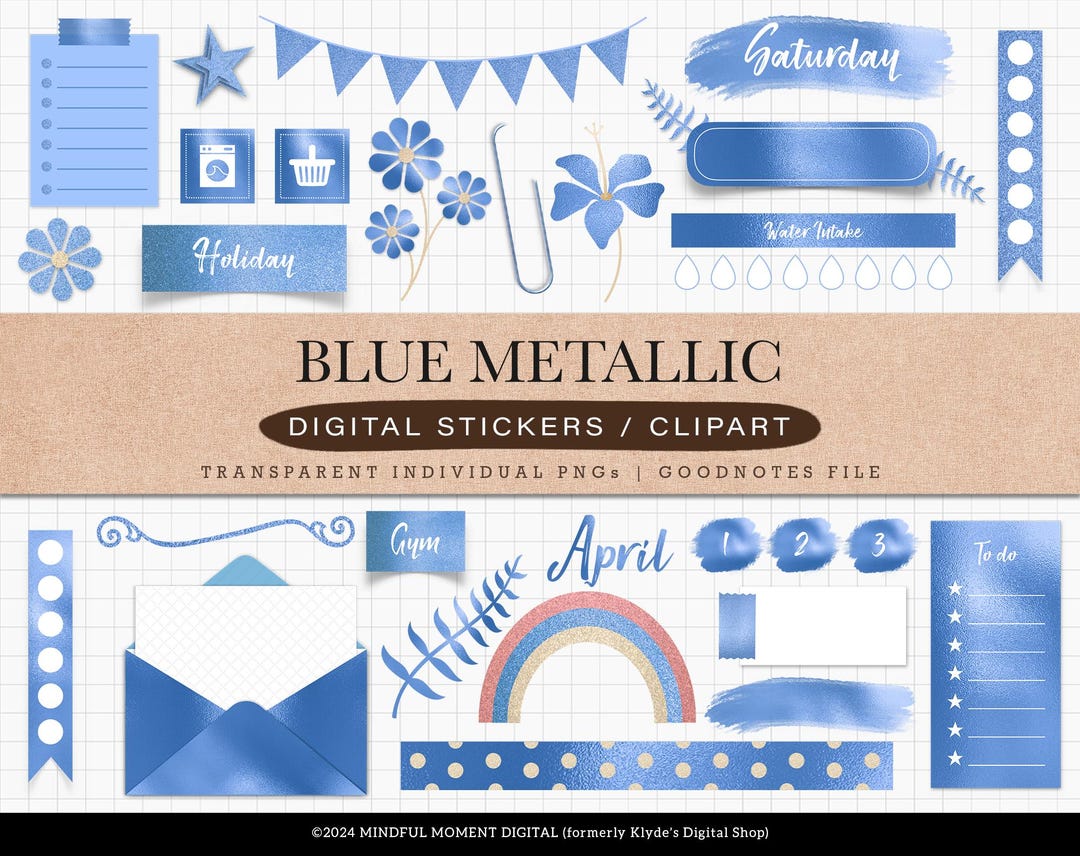 Blue Metallic Digital Stickers, Glitter Digital Stickers, Digital ...