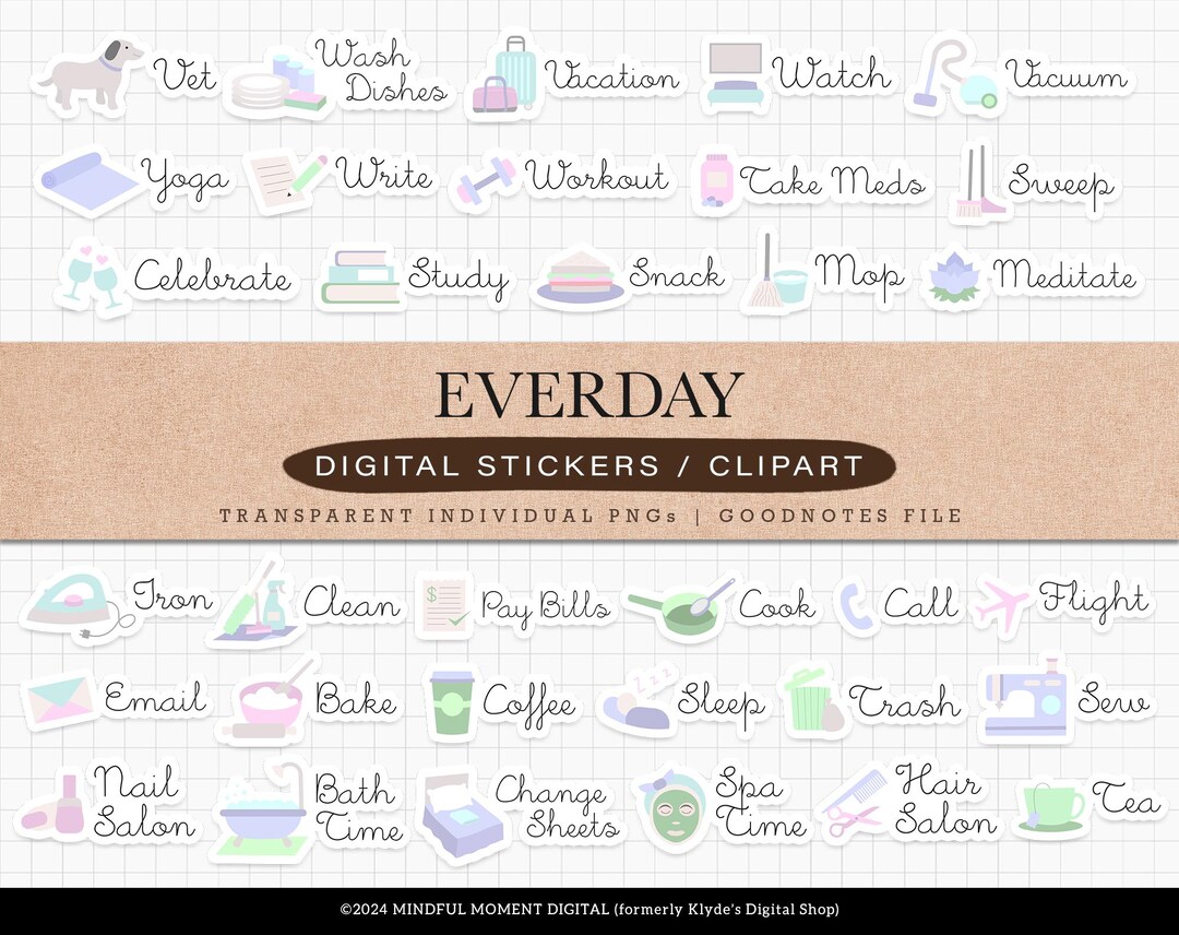 Daily Activities Digital Stickers Pastel Colors Icons House Chores ...
