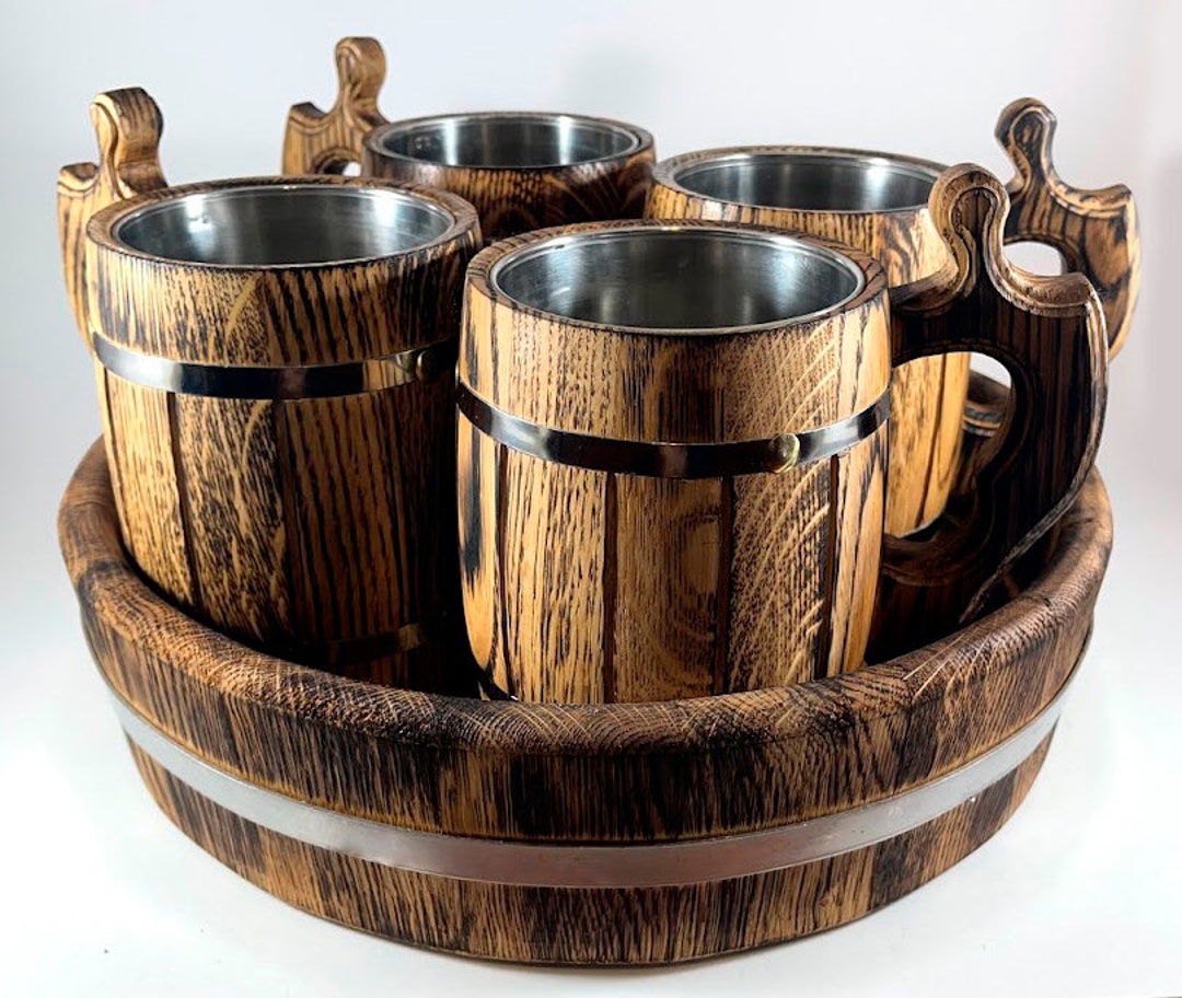 Tavern Mug, Wooden Viking Tankard Set of 3, 4, 6 Beer Mugs With Oak ...