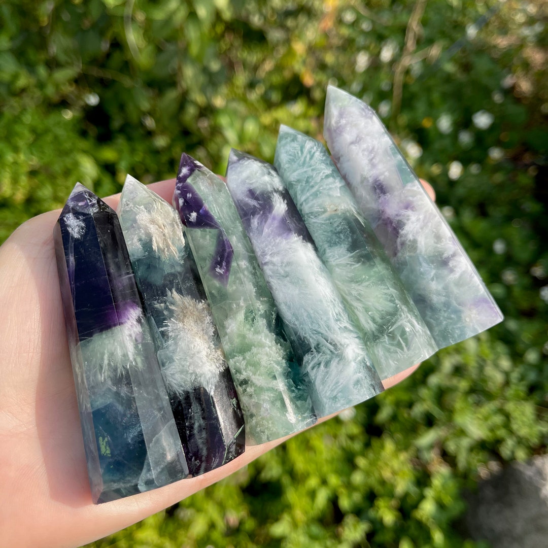 Snowflake Fluorite Tower, Fluorite Point With Feather, Crystal Tower ...