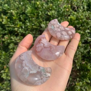 Flower Agate Moon, Crescent Cherry Blossom Agate, Crystal Quartz Moon ...