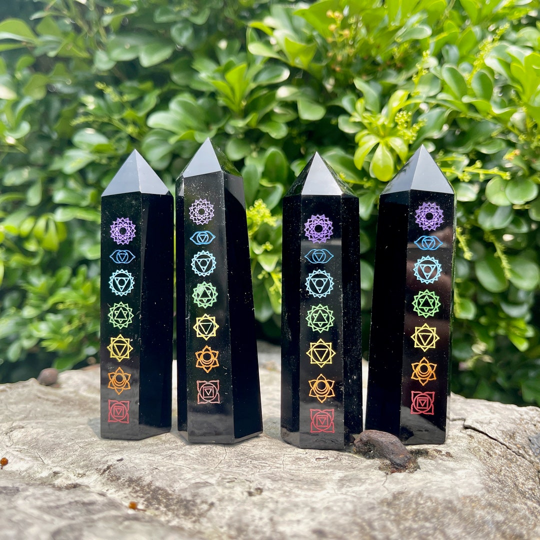 Rainbow 7 Chakra Black Obsidian Tower, Chakra Charing Crystal Tower ...
