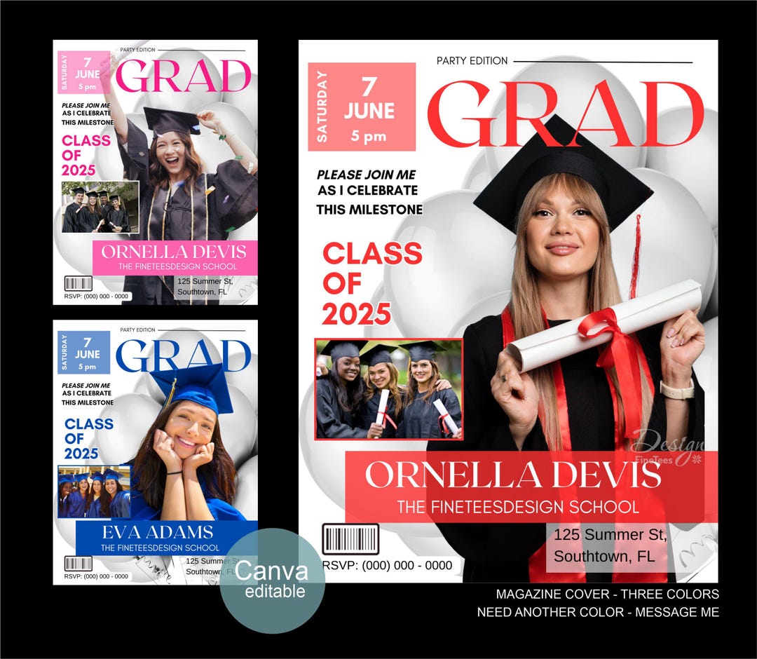 Grad Magazine Cover, Graduation Party Invitation Template, Pink, Navy ...