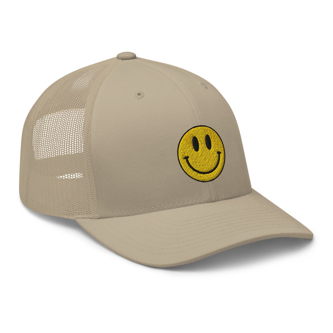 Tan Smiley Face Embroidered Trucker Cap, Happy Face Gifts, Beige ...