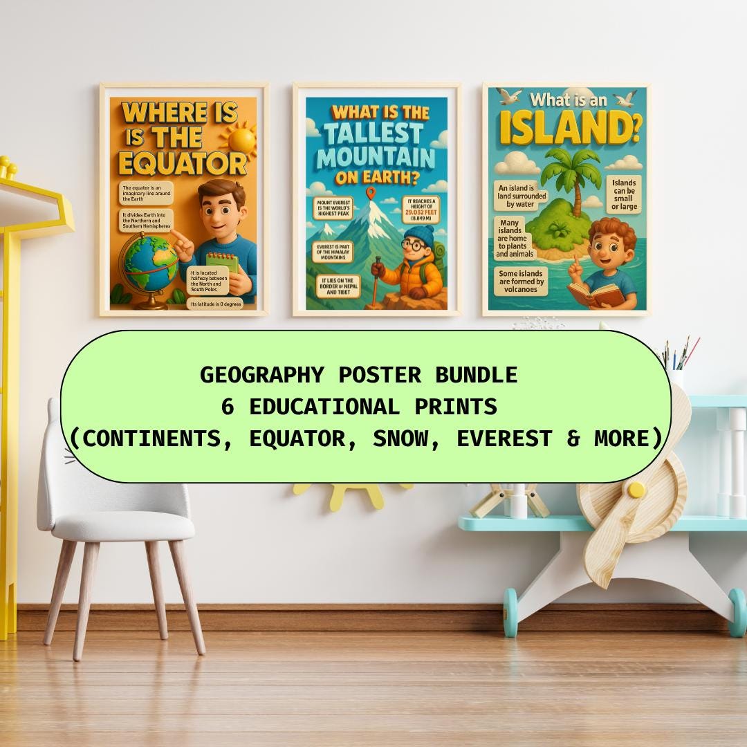 Kids Geography Poster Bundle – 6 Educational Prints (continents ...