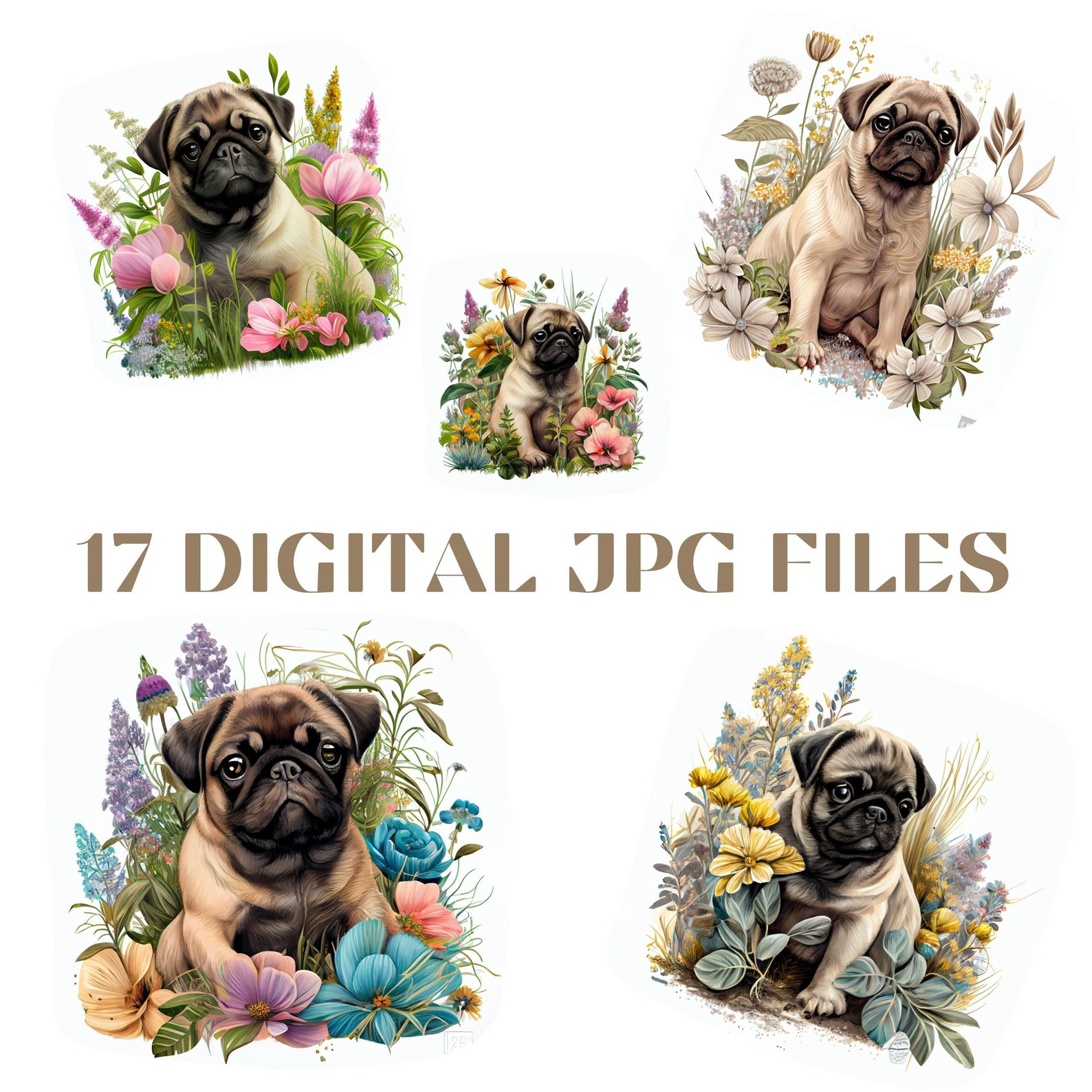 Pug Puppy Watercolor Clipart Bundle, 17 Dog PNG JPG, Cute Pet ...