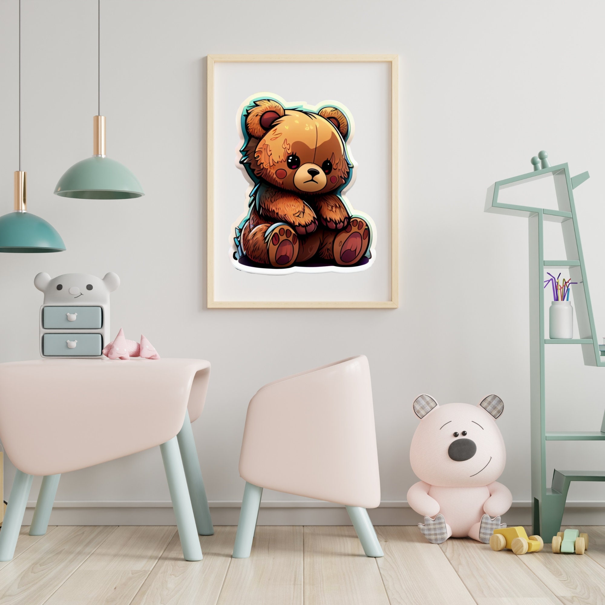 Colorful Teddy Bear Art Print Anime-inspired Design for Children's Room ...