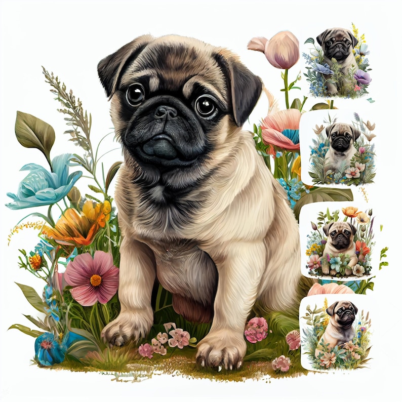 Pug Puppy Digital Watercolor Clipart Pug Puppy Breed Printable ...