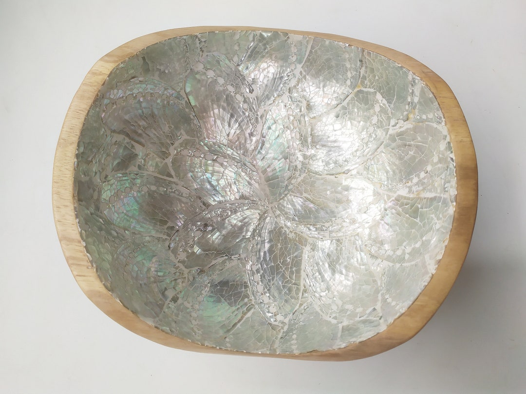 Decorative White River Abalone Natural Shape Jewelry Bowl Teak Wood Key ...