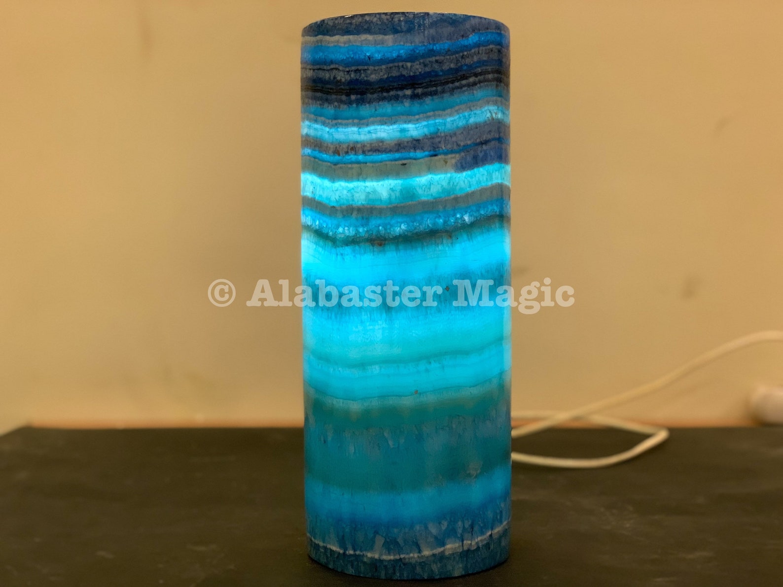 Blue Alabaster Lamp cylinder shape handmade solid piece | Etsy