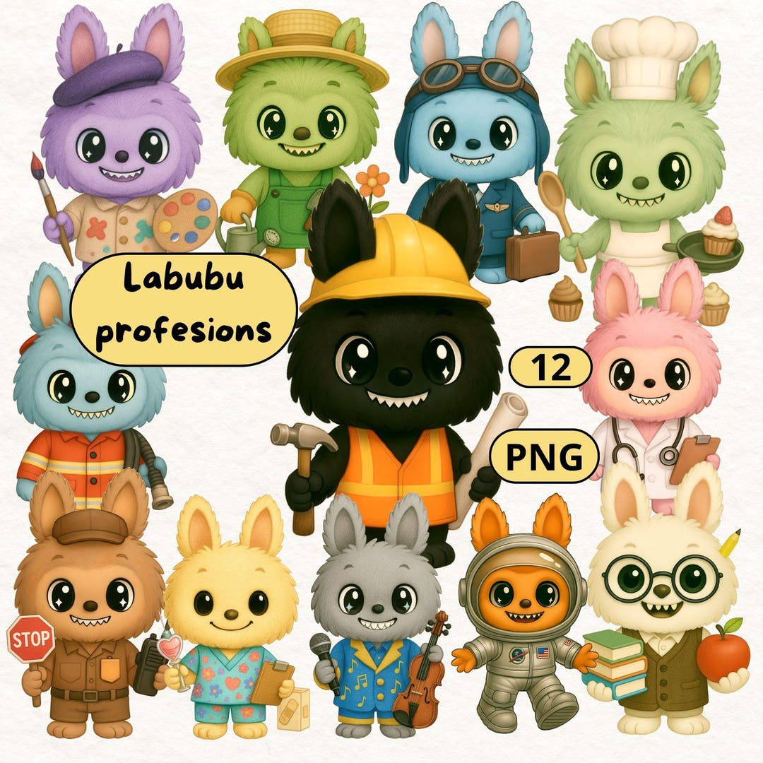 Labubu Professions Clipart Bundle 12 Cute Labubu Pngs Kawaii Job ...