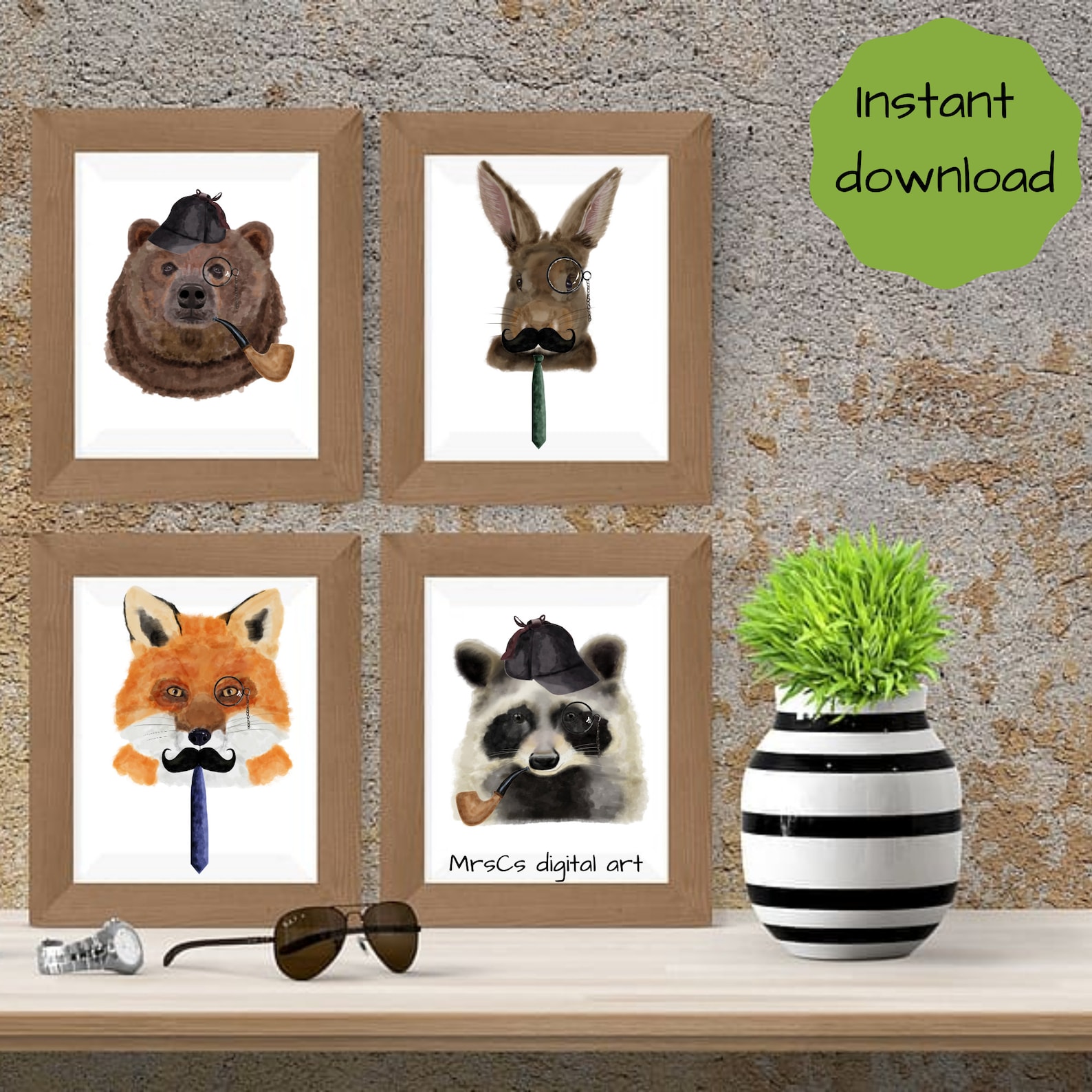 Watercolor Raccoonbear Fox Rabbit Detective Monocle - Etsy