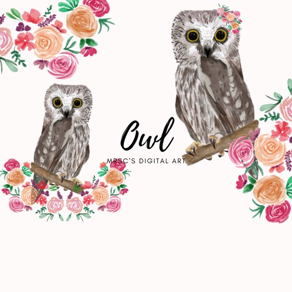 Watercolor Owl With Flowers Clip Art Digital Download - Etsy
