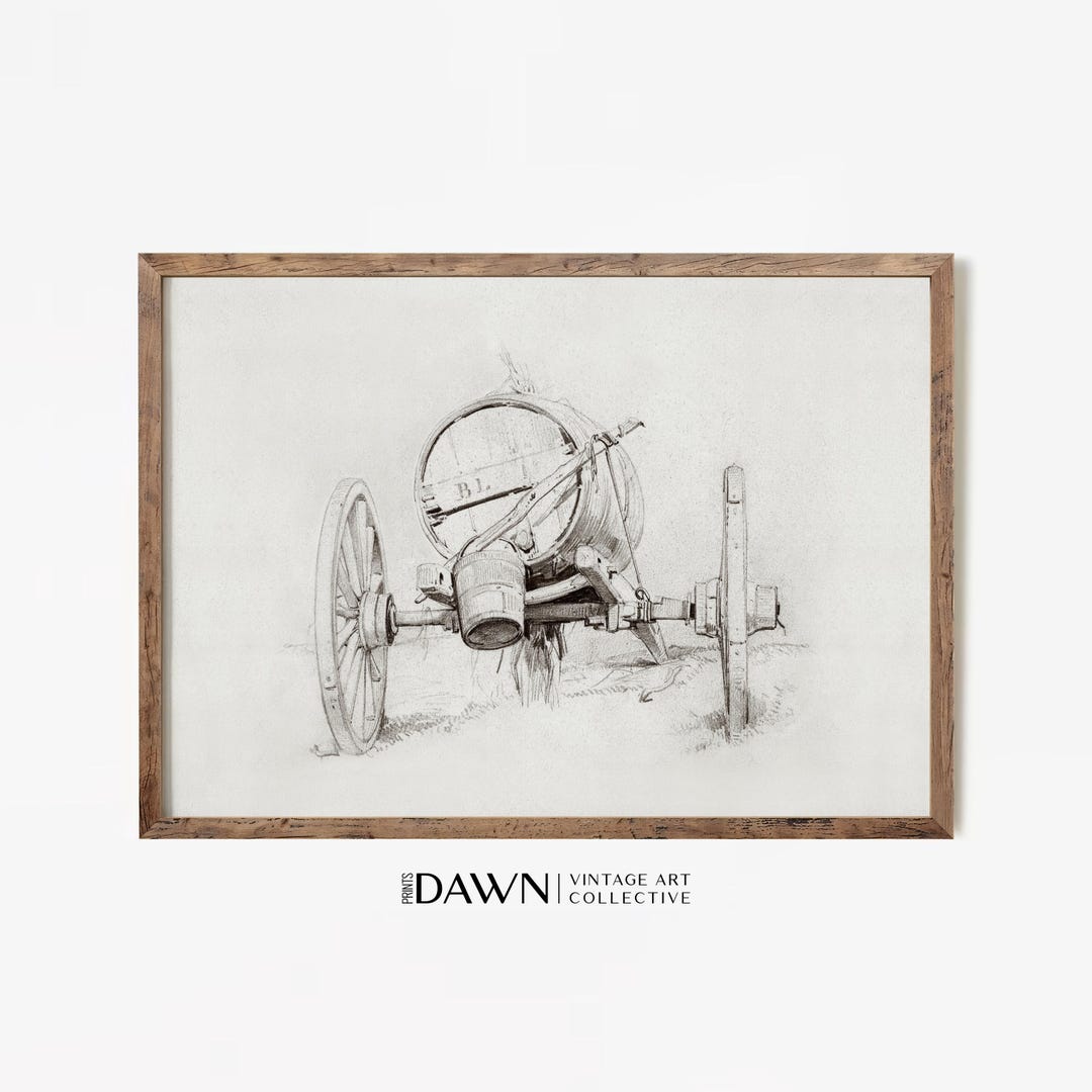 Water Cart Sketch Still Life Drawing Country Wagon Print Vintage ...