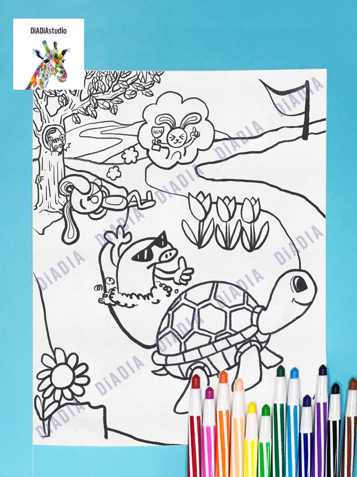 Turtle and Rabbit Coloring Page Printable Coloring Page | Etsy