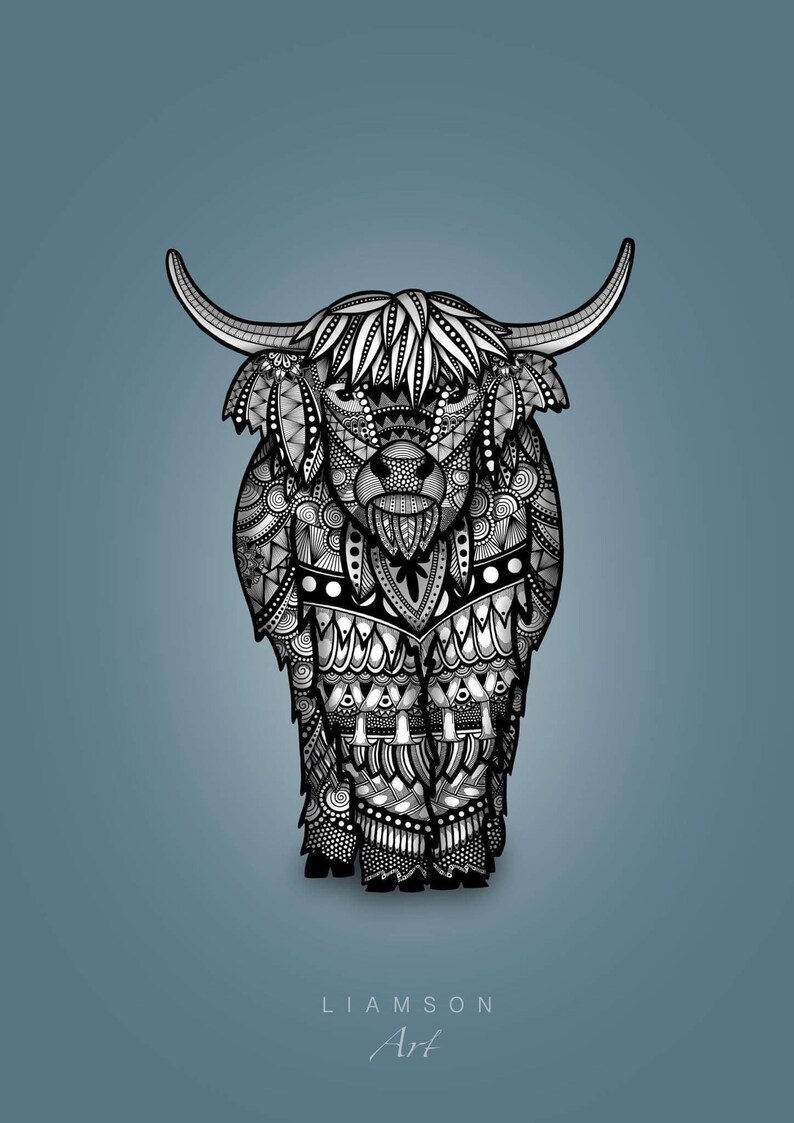 Highland Cattle Cow Zentangle Poster | Etsy