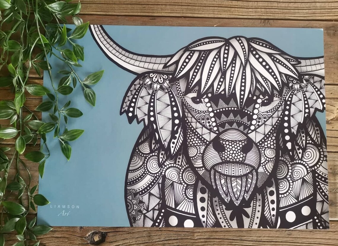 Highland Cattle Cow Zentangle Poster Close Up - Etsy