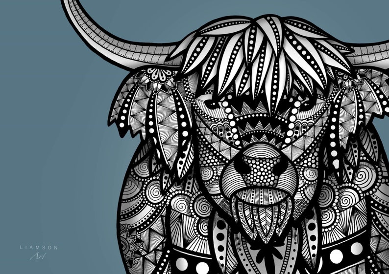 Highland Cattle Cow Zentangle Poster Close Up - Etsy