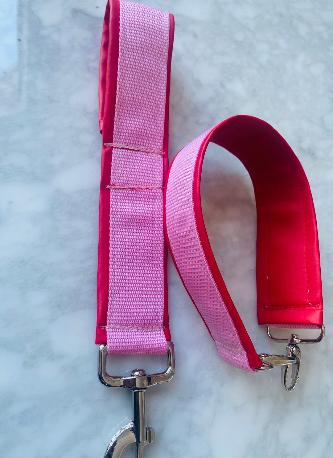 Red Vinyl and Light Pink Webbing Pull Strap and Matching Traffic Lead ...