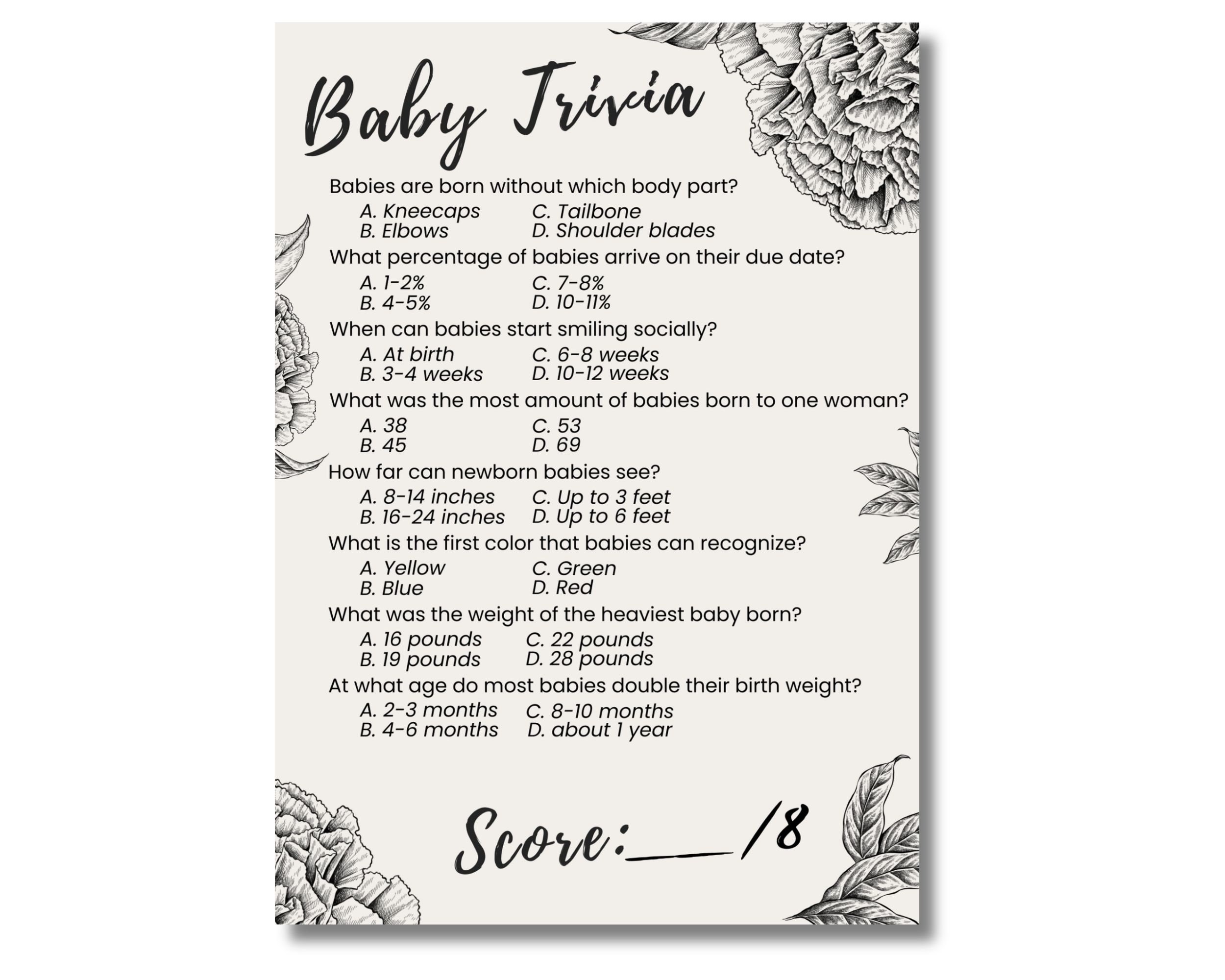 Neutral Baby Shower Trivia Game (printable Download With Answer Key) - Etsy