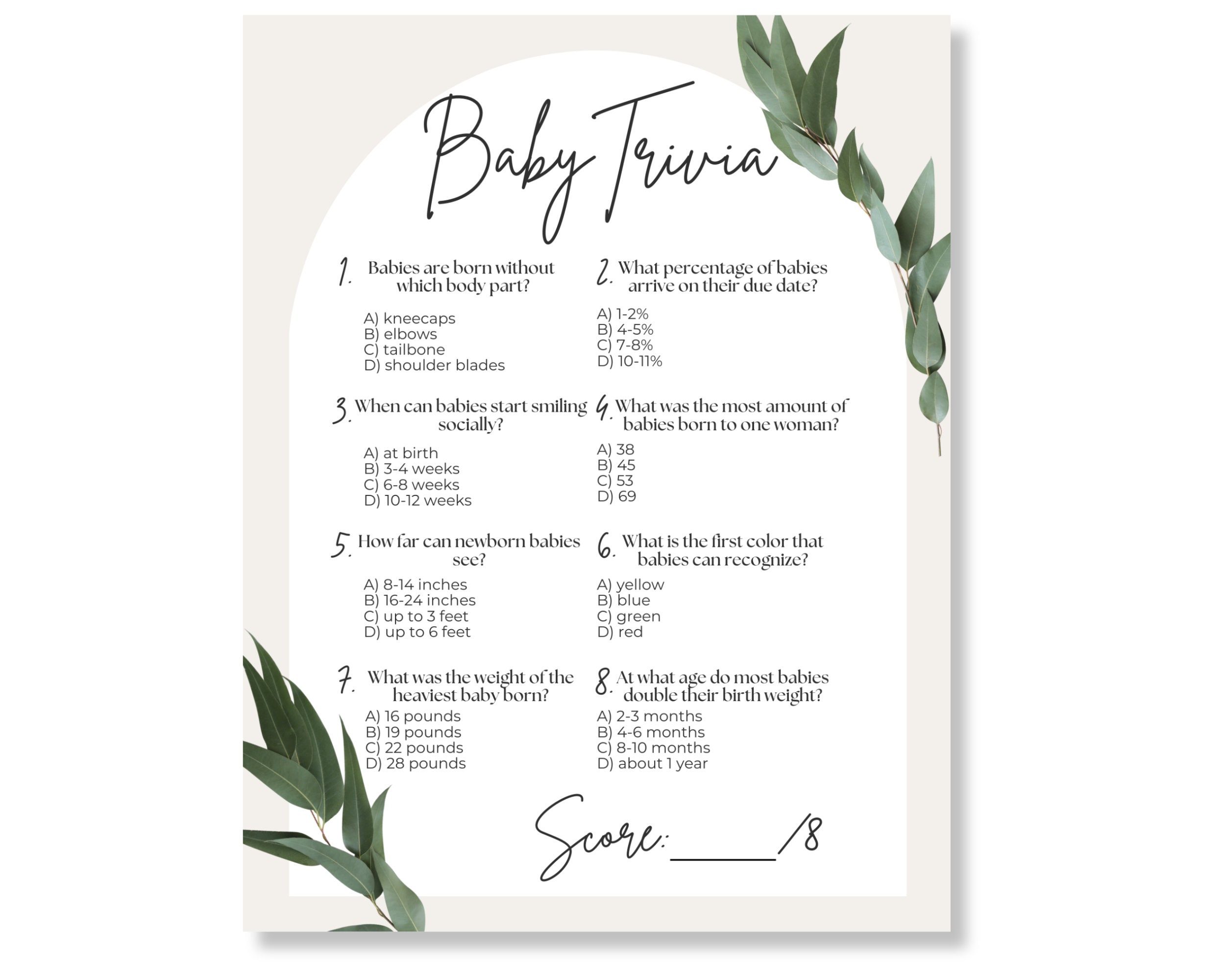 Baby Shower Baby Trivia Game (printable Downloads With Answer Key) - Etsy