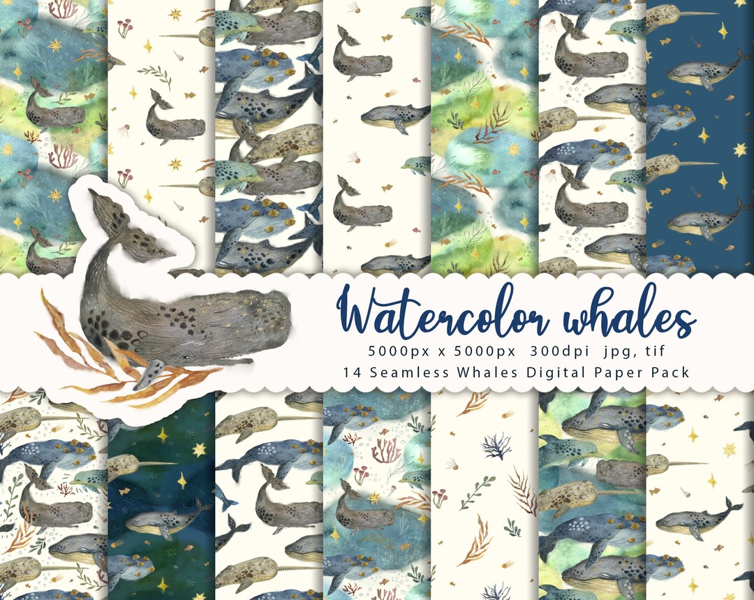 Watercolor Whales Digital Paper Pack Nautical Seamless Patterns ...