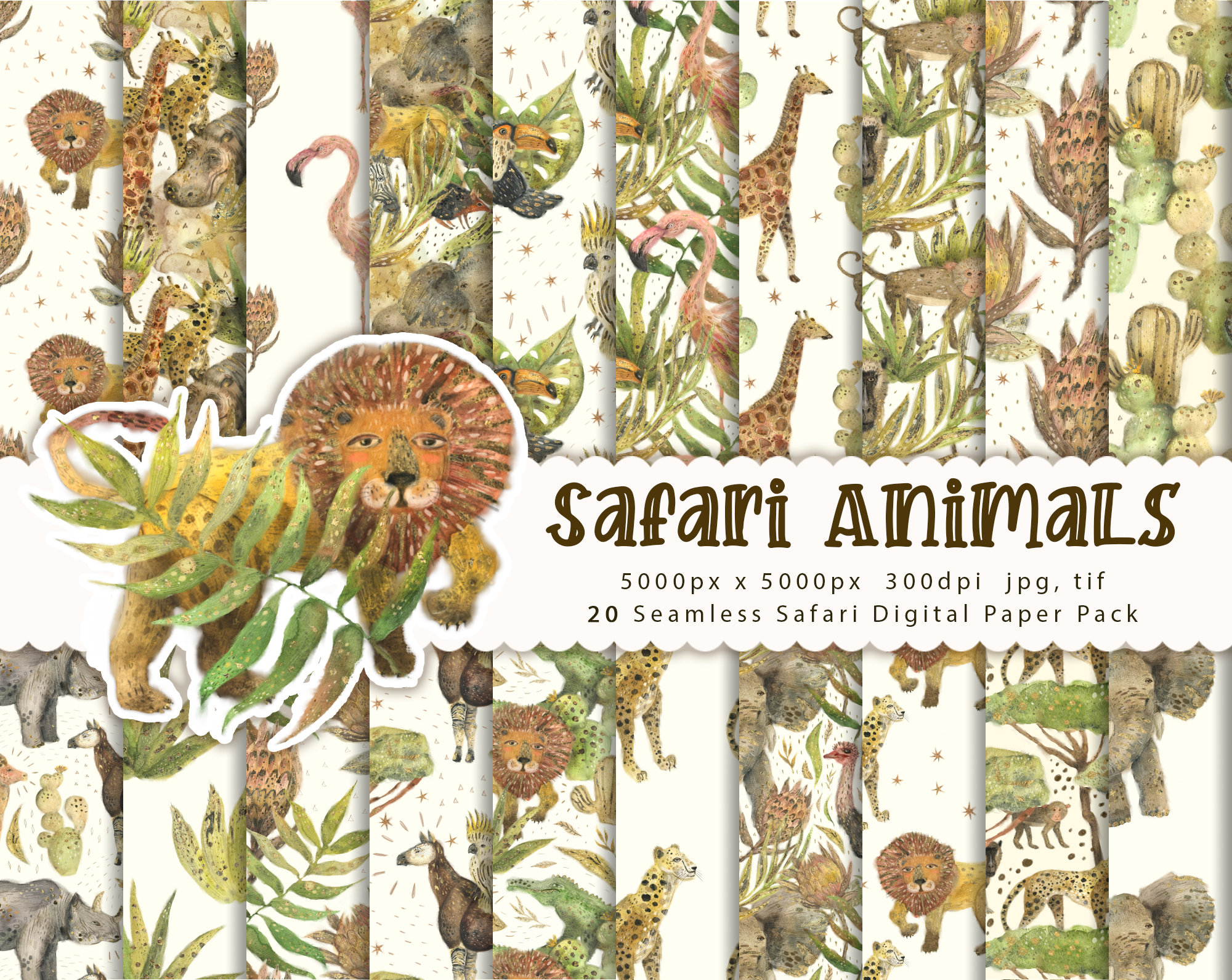 Watercolor Safari Digital Paper Seamless Patterns African - Etsy