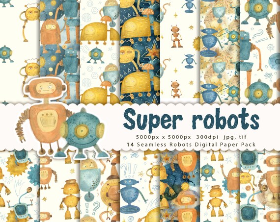 Robots Watercolor Digital Paper Pack Robots Scrapbook Paper - Etsy