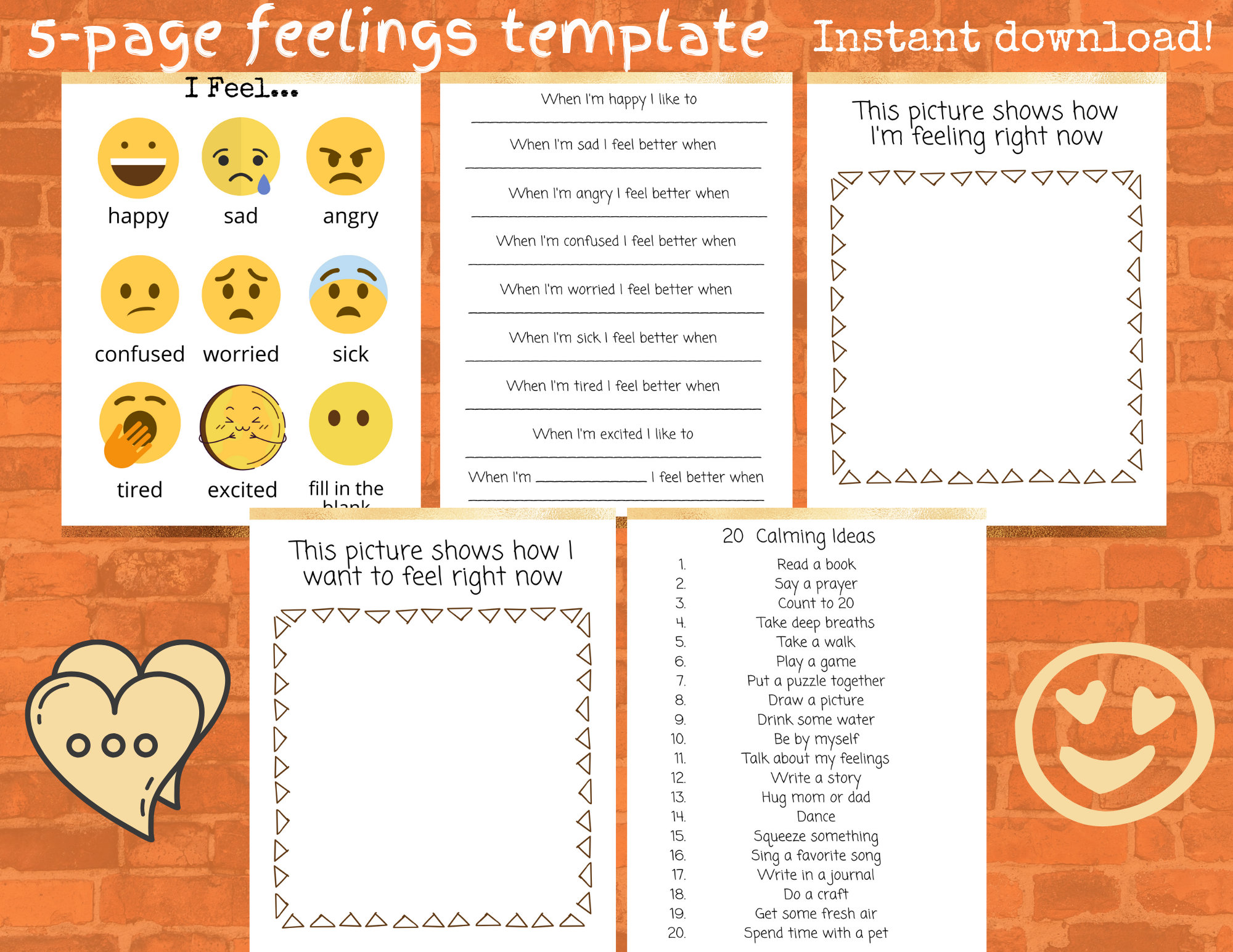 5-page Feelings Template; Kids Feelings Chart; Kids Emotions Chart ...