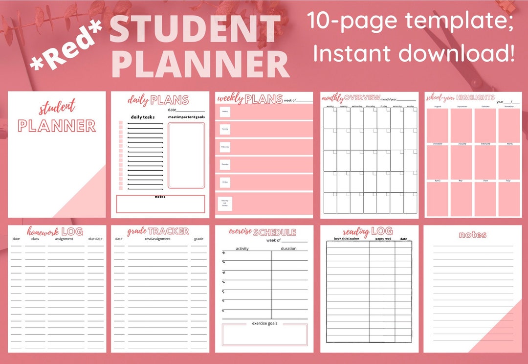 Student Planner Instant Download Red; Academic Planner; Back-to-school ...