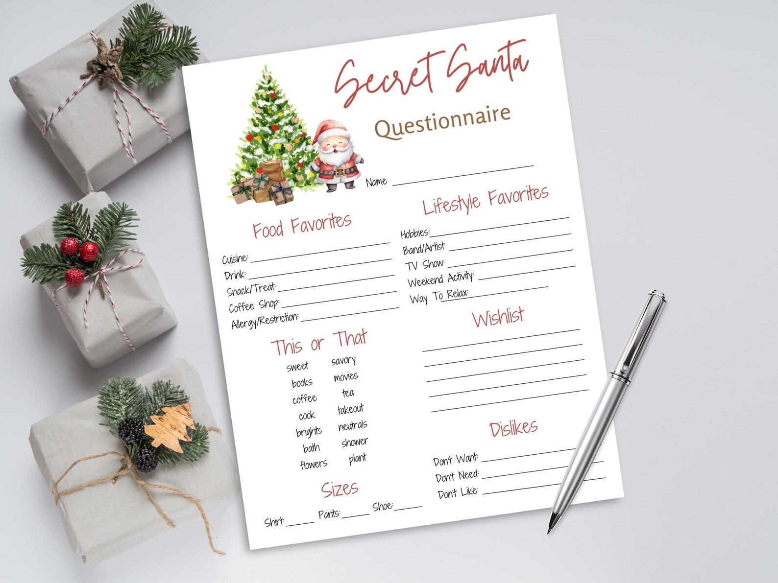 Secret Santa Questionnaire Printable, Secret Santa Questionnaire for ...