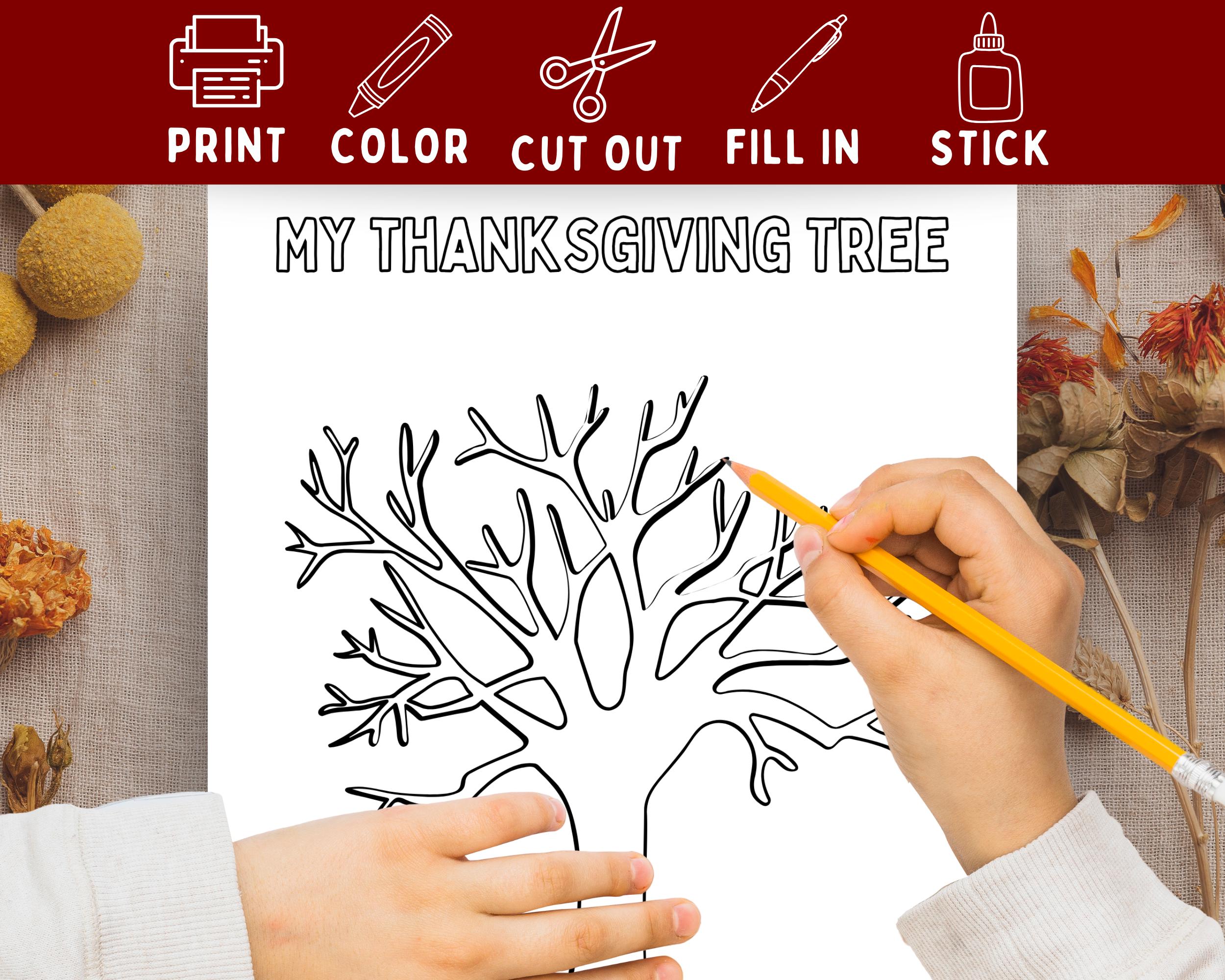 Gratitude Tree Kids Coloring Activity, Fall Printable Art, Thanksgiving ...