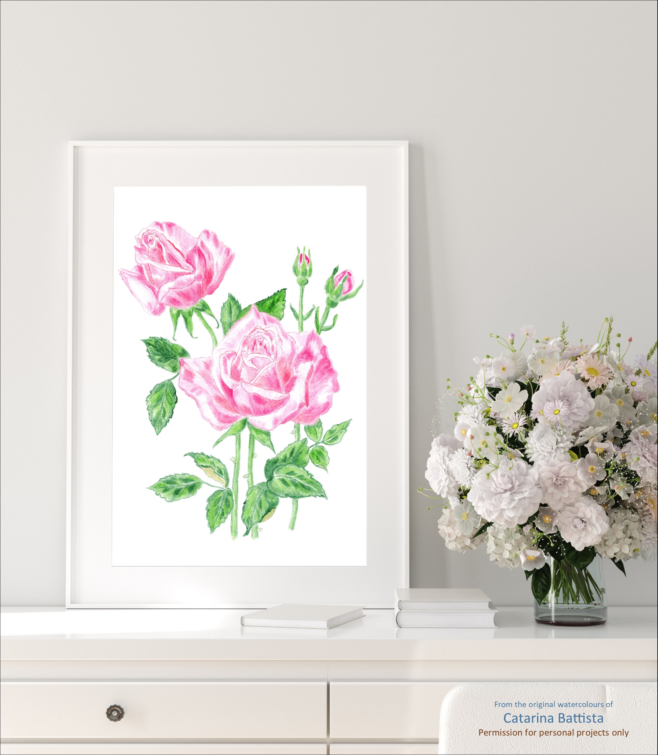 Pink Rose Printable Wall Art, Rose Watercolor Print, Flowers, Rose ...