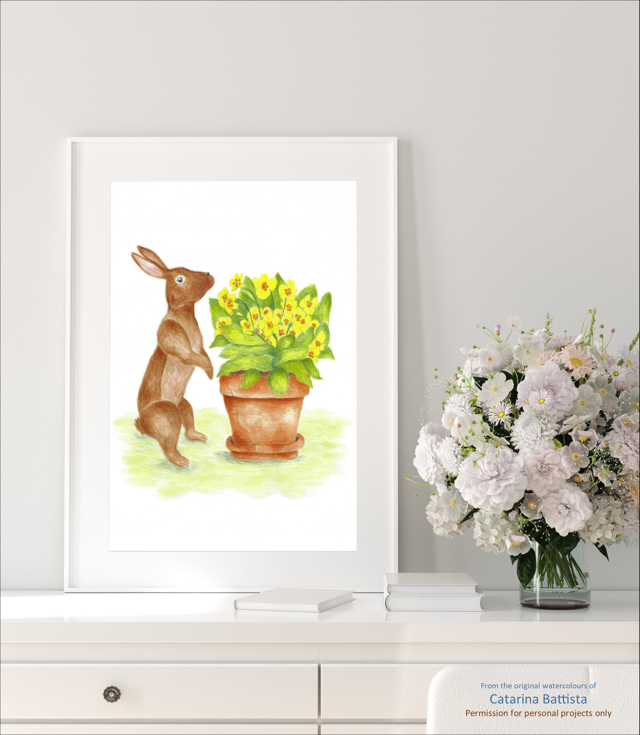 Easter Print, Spring Bunny and Primrose Wall Art, Spring Floral Decor ...
