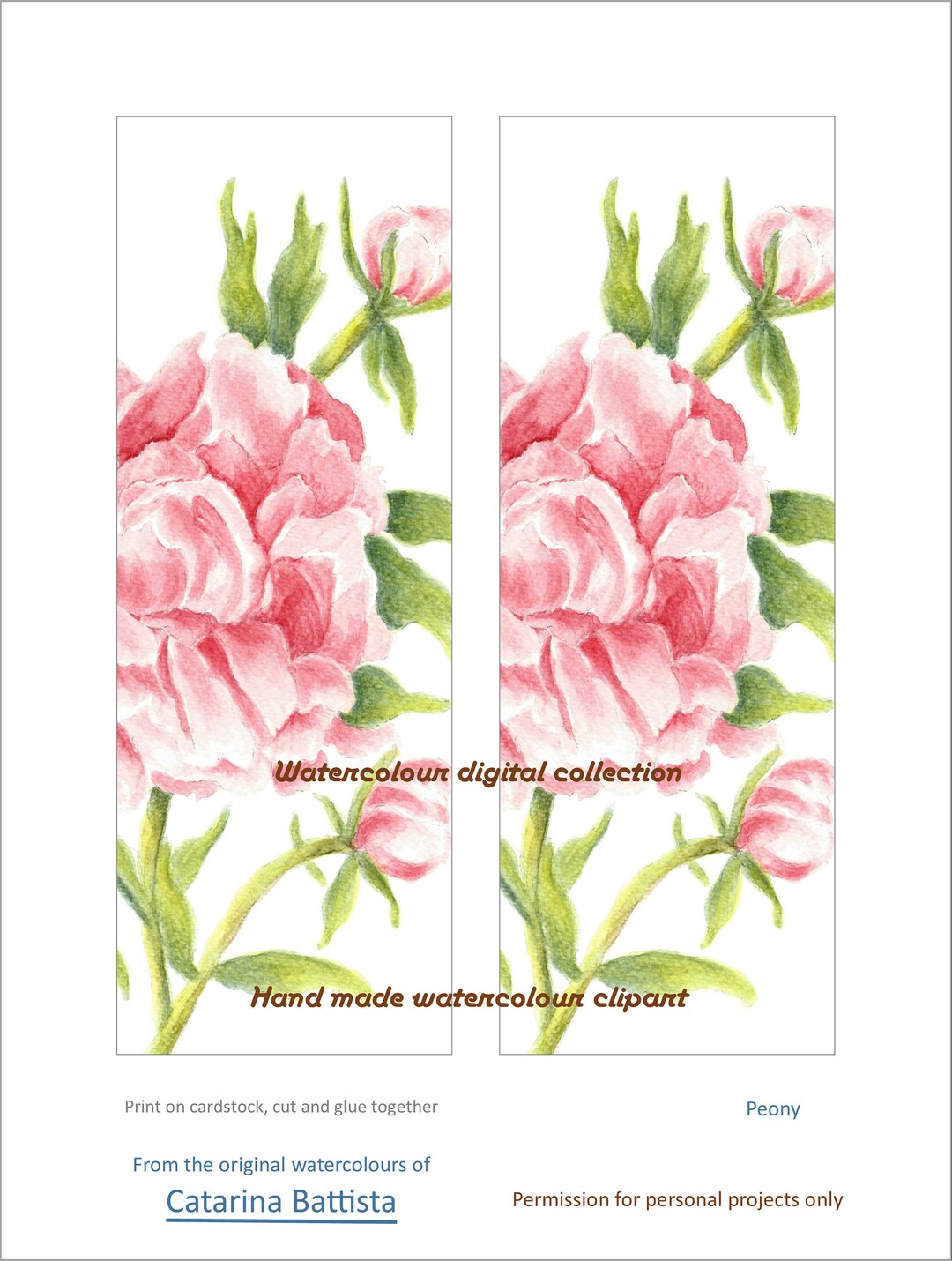 PEONY DIGITAL BOOKMARK. Digital Paper. Printable, Craft Paper, Ephemera ...